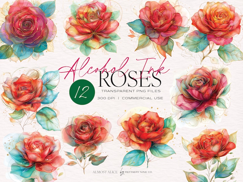 Alcohol Ink Roses Clipart, Watercolor, Whimsical, Florals, Stationary ...