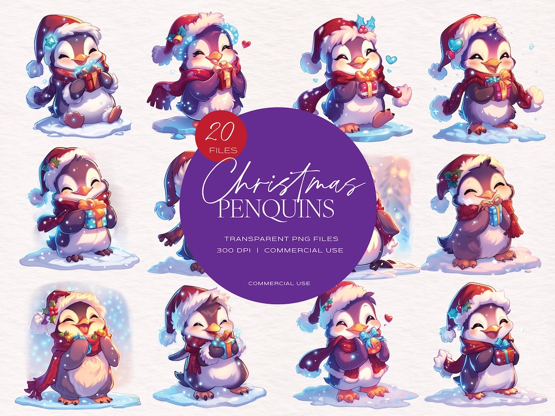 Watercolor Christmas Penguin Clipart, Scrapbook Stickers (transparent ...