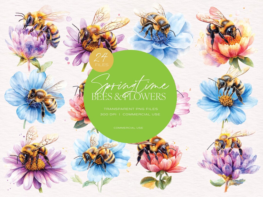 Spring Time Bees, Watercolor Clipart, Stickers, Bees, Animals ...