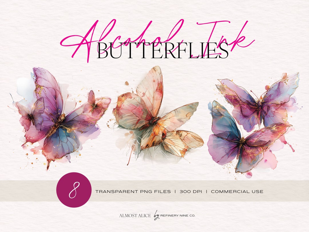 Alcohol Ink Butterflies Clipart: Pink Watercolor PNG (commercial Use ...