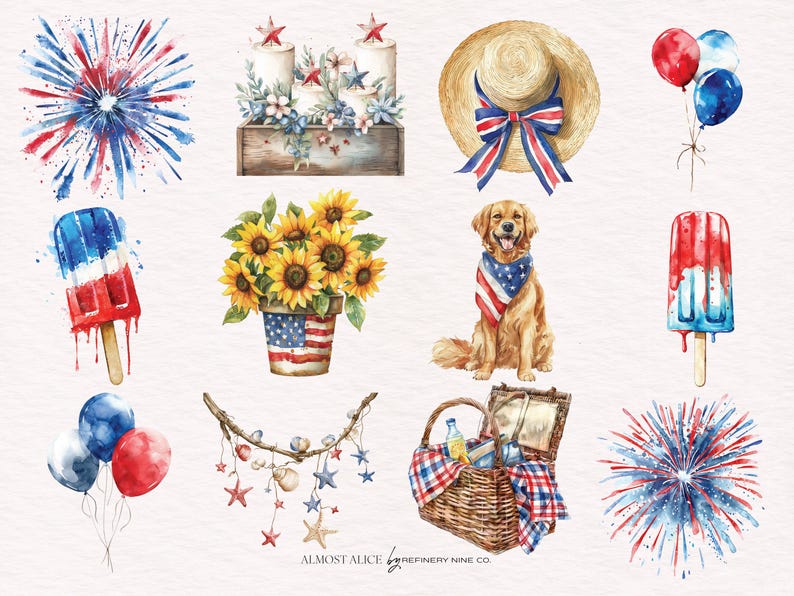 4th of July Watercolor Clipart Bundle: Patriotic Digital Art (digital ...