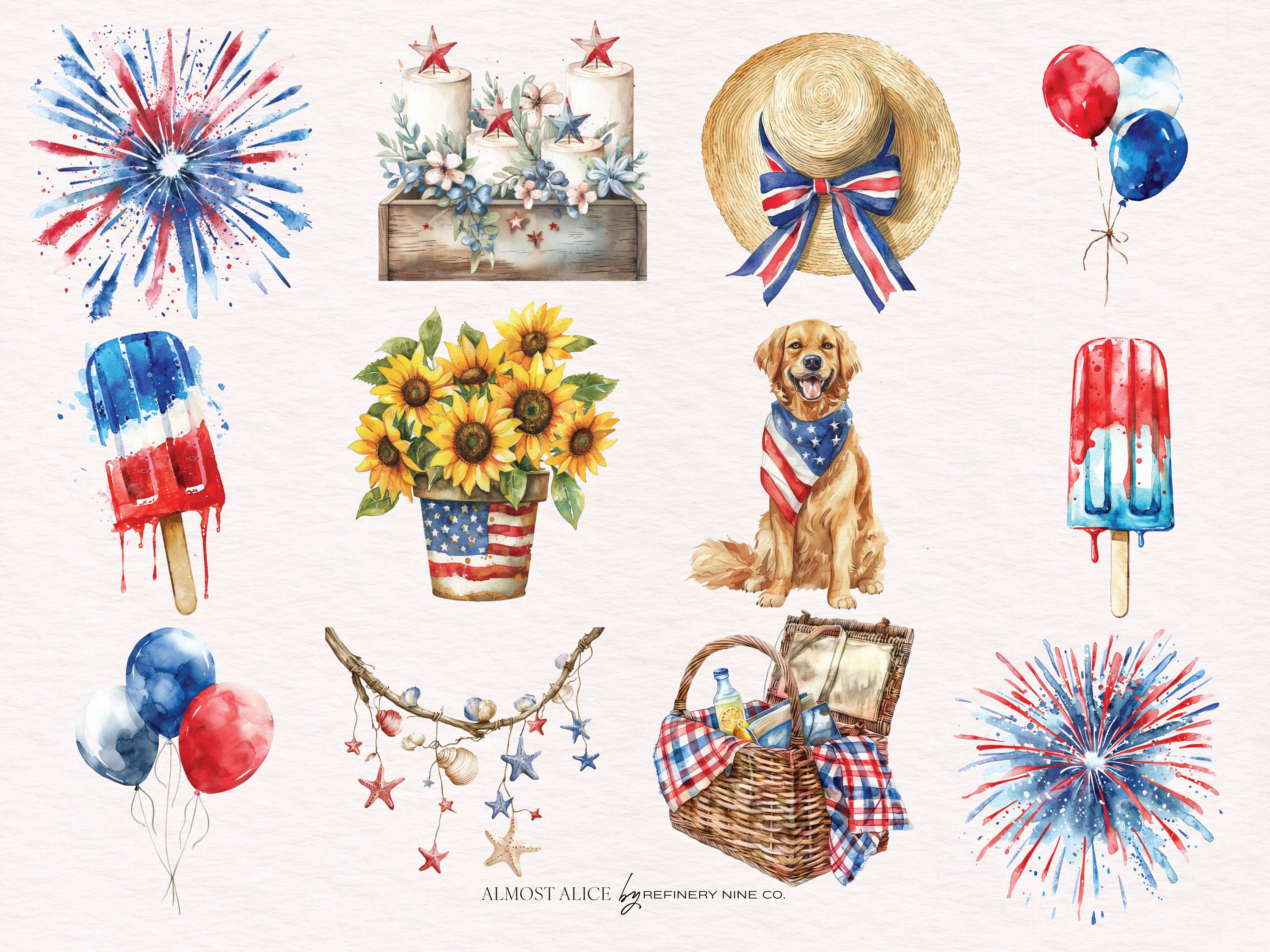 4th of July Watercolor Clipart Bundle: Patriotic Digital Art (digital ...