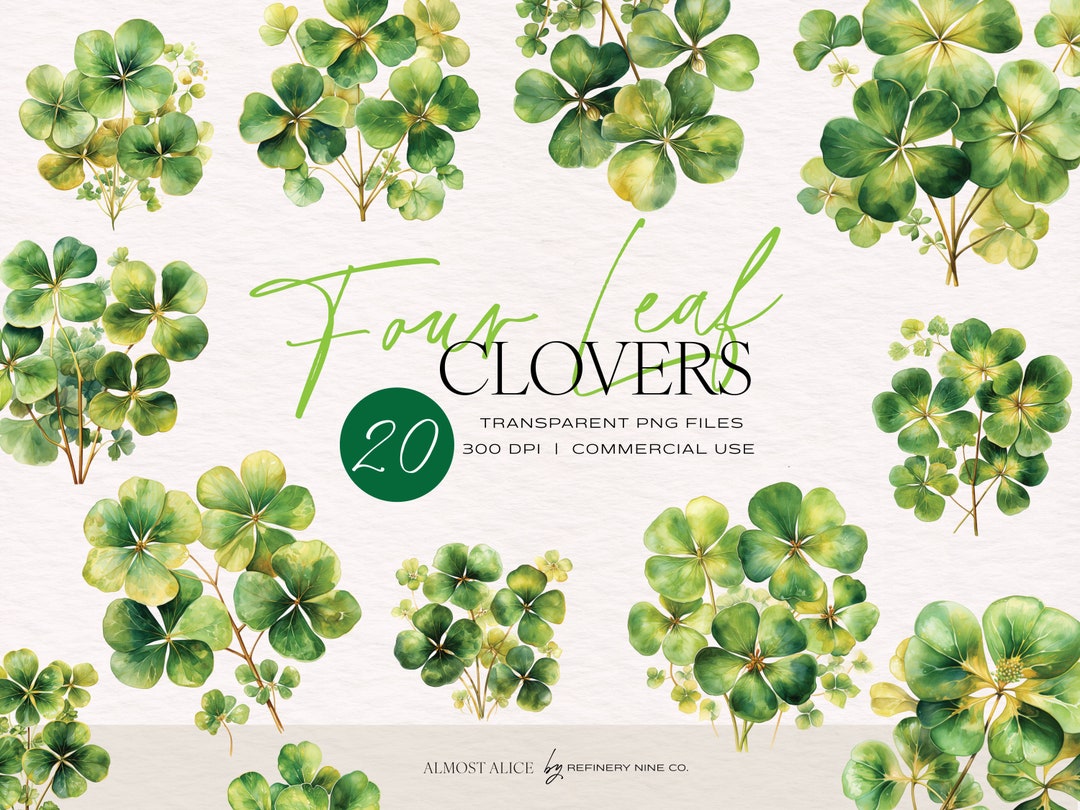 Four Leaf Clover Watercolor Clipart, Commercial Use, Floral Shamrock ...