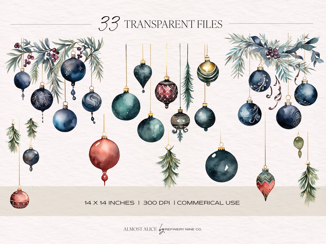 Dark Moody Christmas Ornaments, Dark Color Baubles, Watercolor Clipart ...
