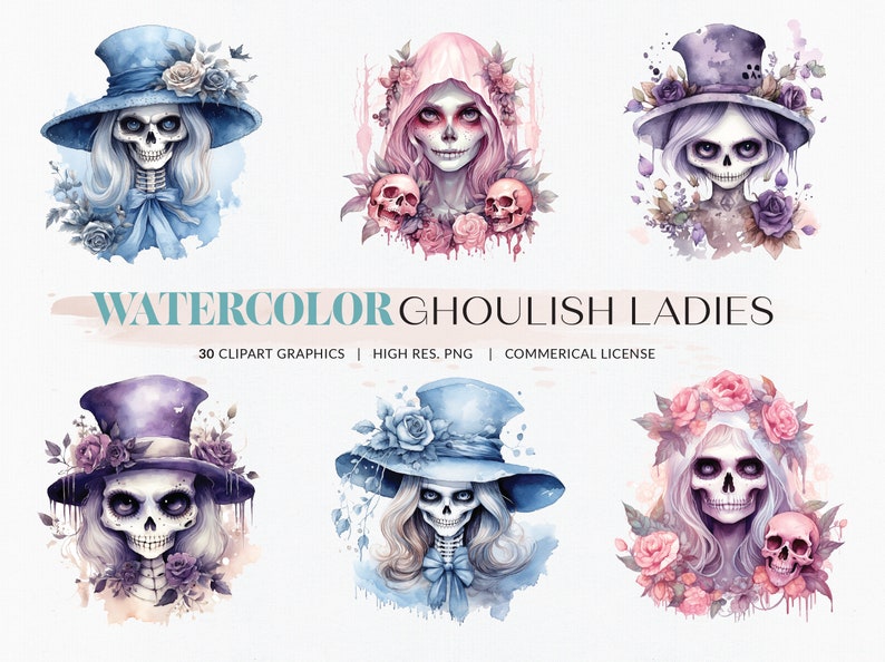 Watercolor Ghoulish Ladies Clipart: Spooky Digital PNG Files ...