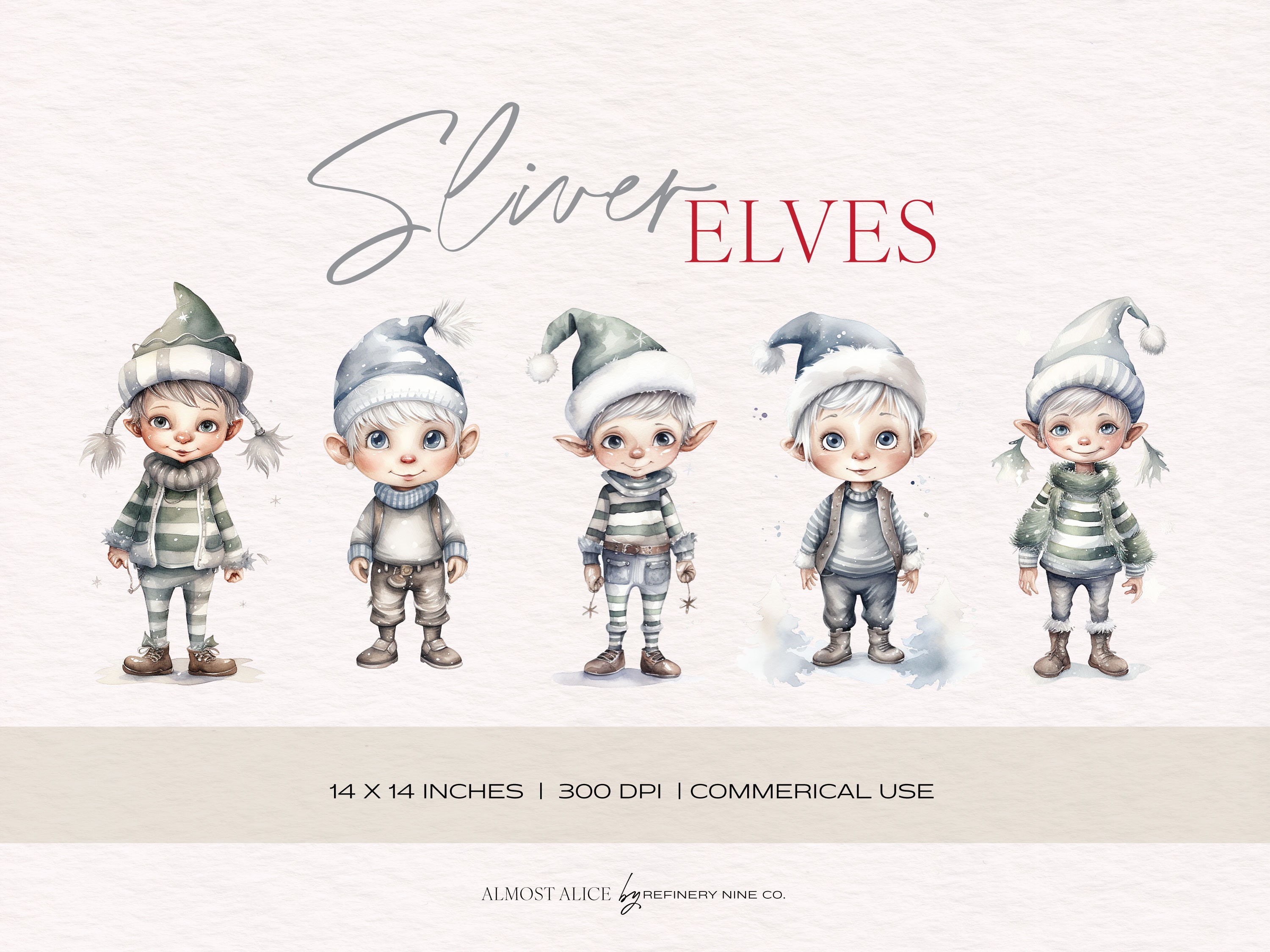 SILVER ELVES, Watercolor Clipart, Christmas, Cute, Winter Solstice ...