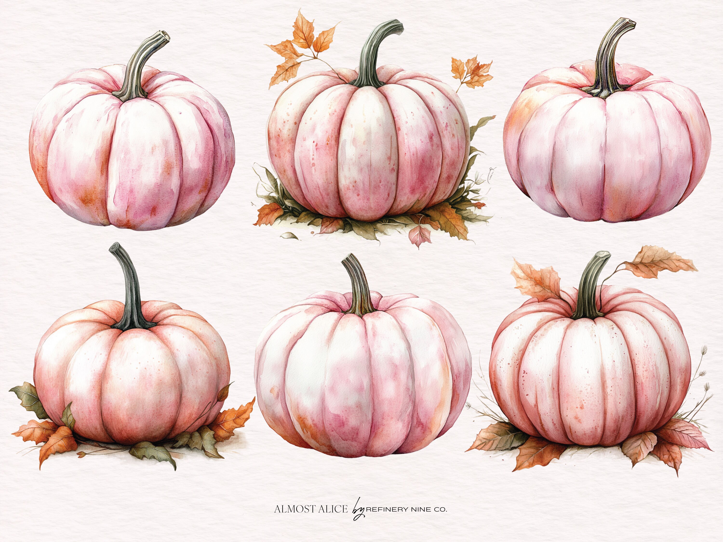 Pink Pastel Pumpkins Watercolor Clipart: Autumn PNG Graphics (digital ...