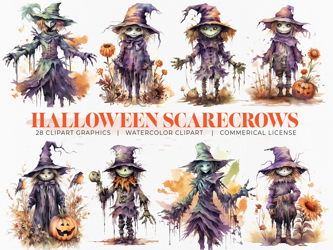 HALLOWEEN SCARECROWS - Instant Download, Watercolor Clipart, Halloween ...