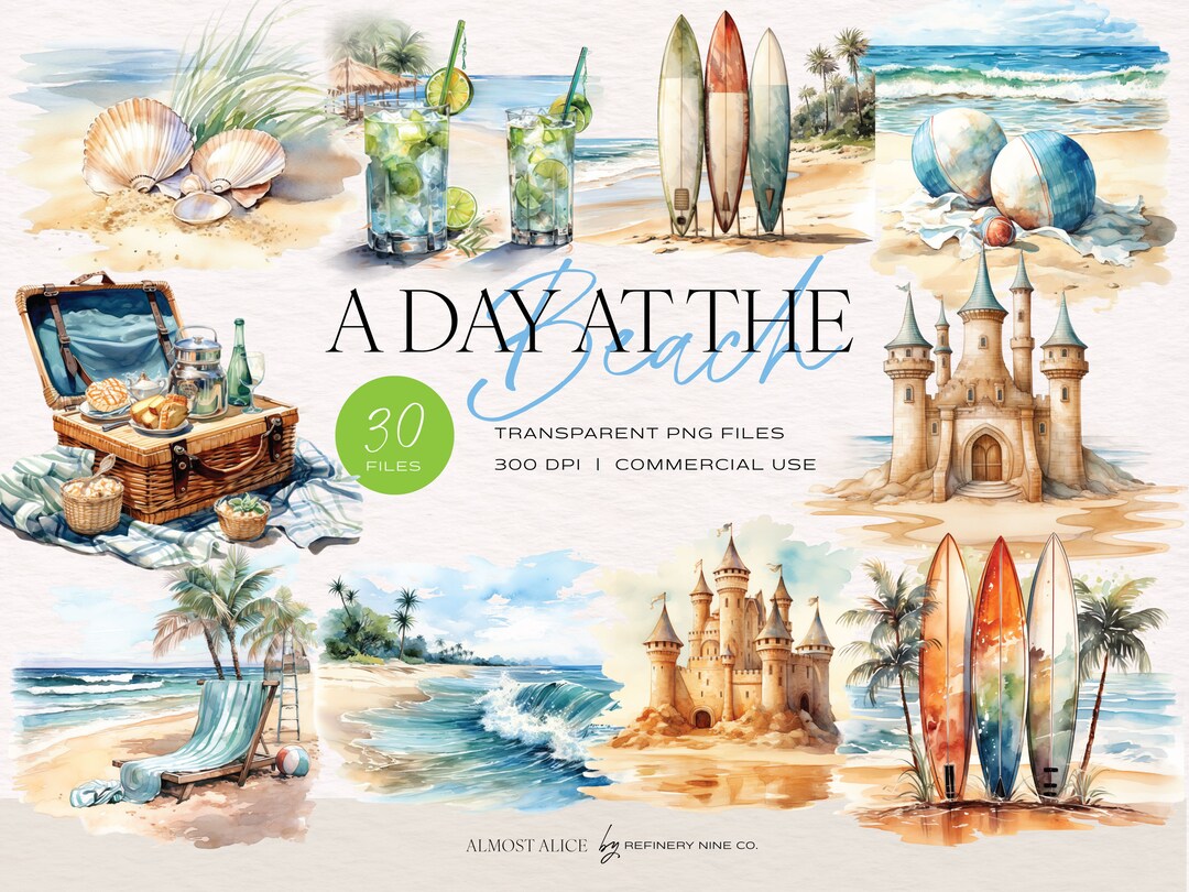 A Day at the Beach Watercolor Clipart, Seaside, Summer Vibes ...