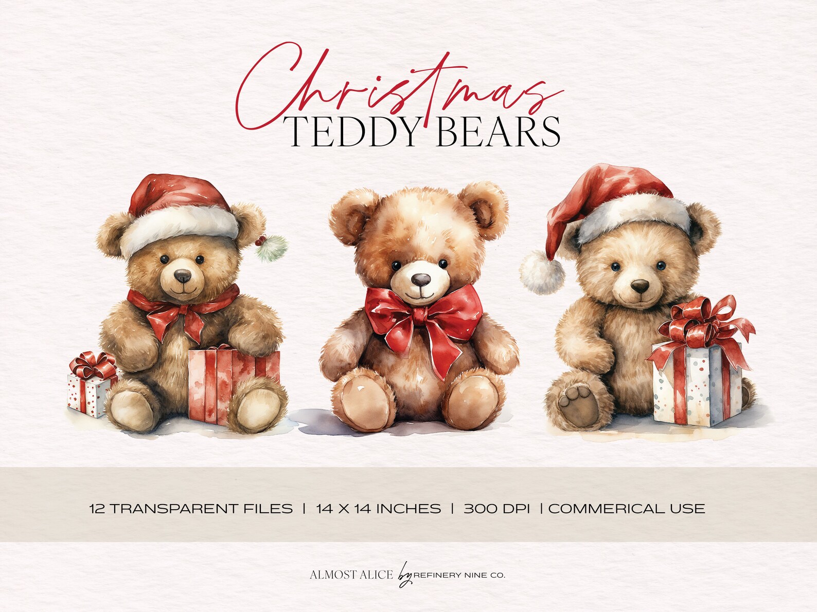 Christmas Teddy Bears, Watercolor Clipart, Cute, Christmas, Winter ...