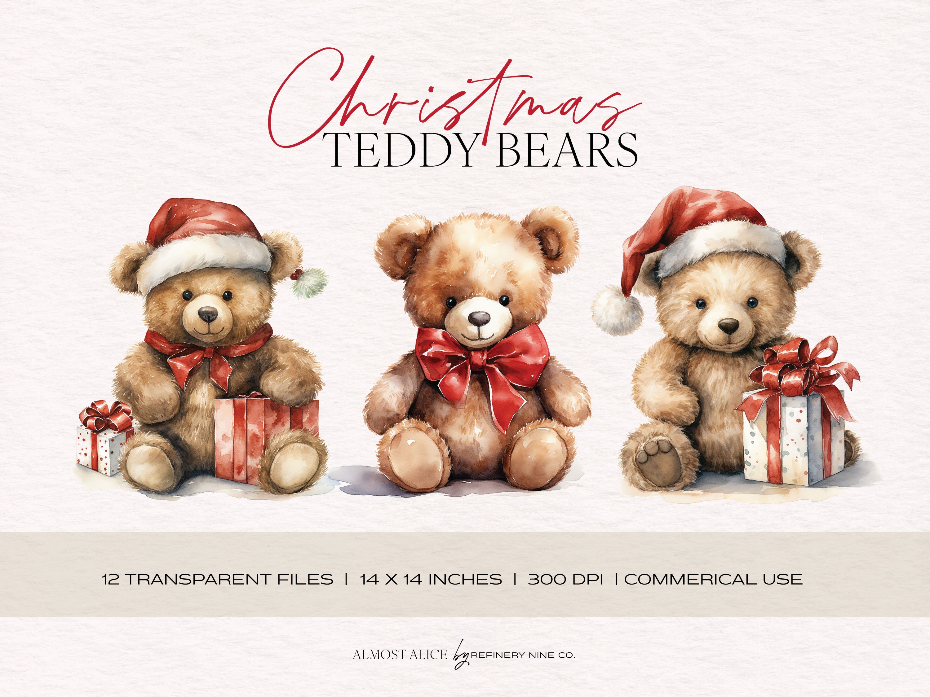 Christmas Teddy Bears, Watercolor Clipart, Cute, Christmas, Winter ...