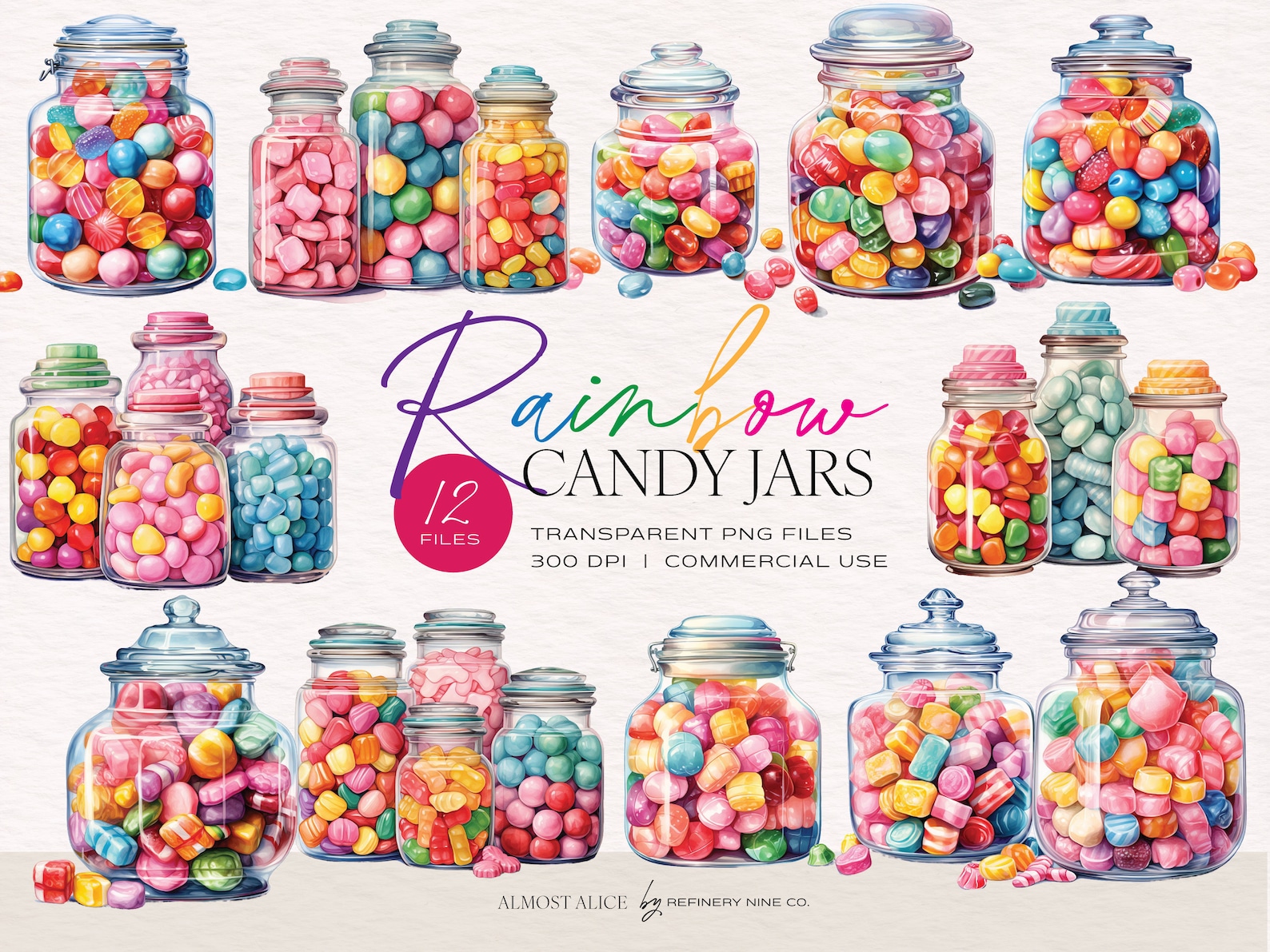 Rainbow Watercolor Candy Jars Clipart, Candy, Stationary, Scrapbooking ...