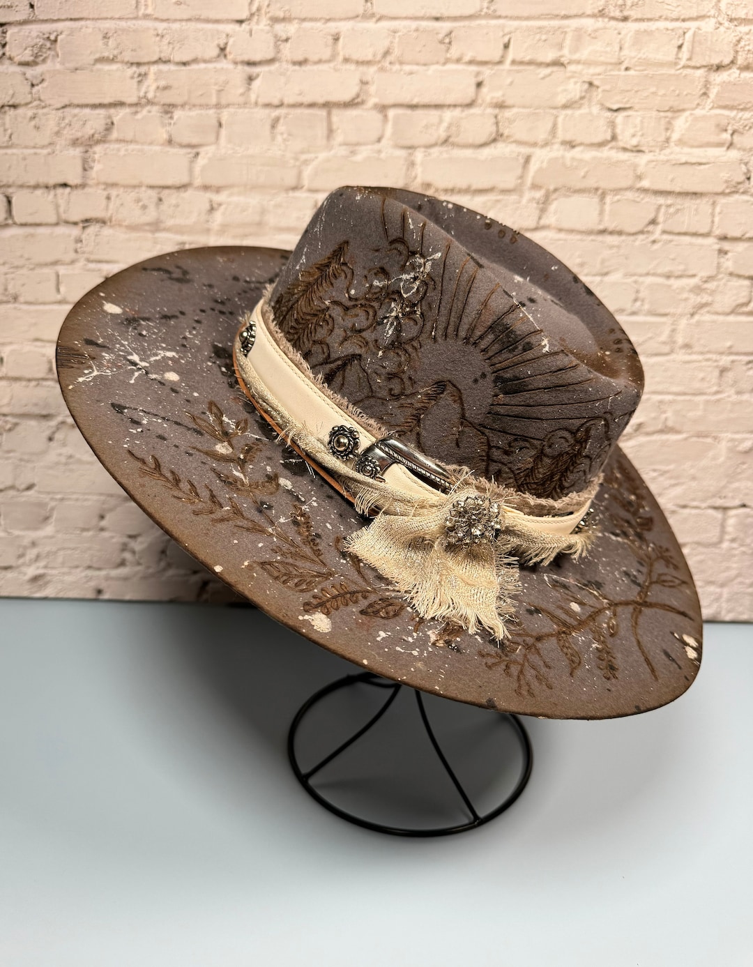 Wide Brim Hat Burned Hat Burnt Hat Flat Brim Hat cowgirl Hat Gray Hat ...