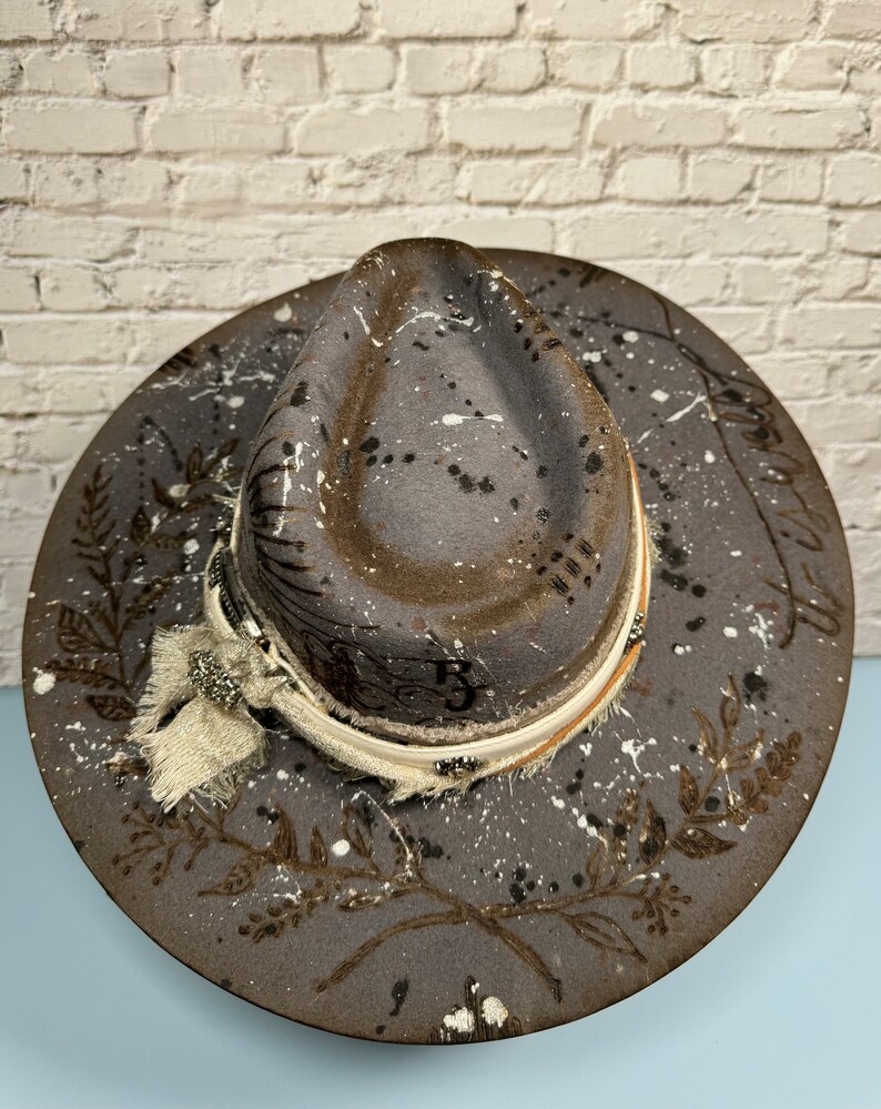 Wide Brim Hat Burned Hat Burnt Hat Flat Brim Hat cowgirl Hat Gray Hat ...