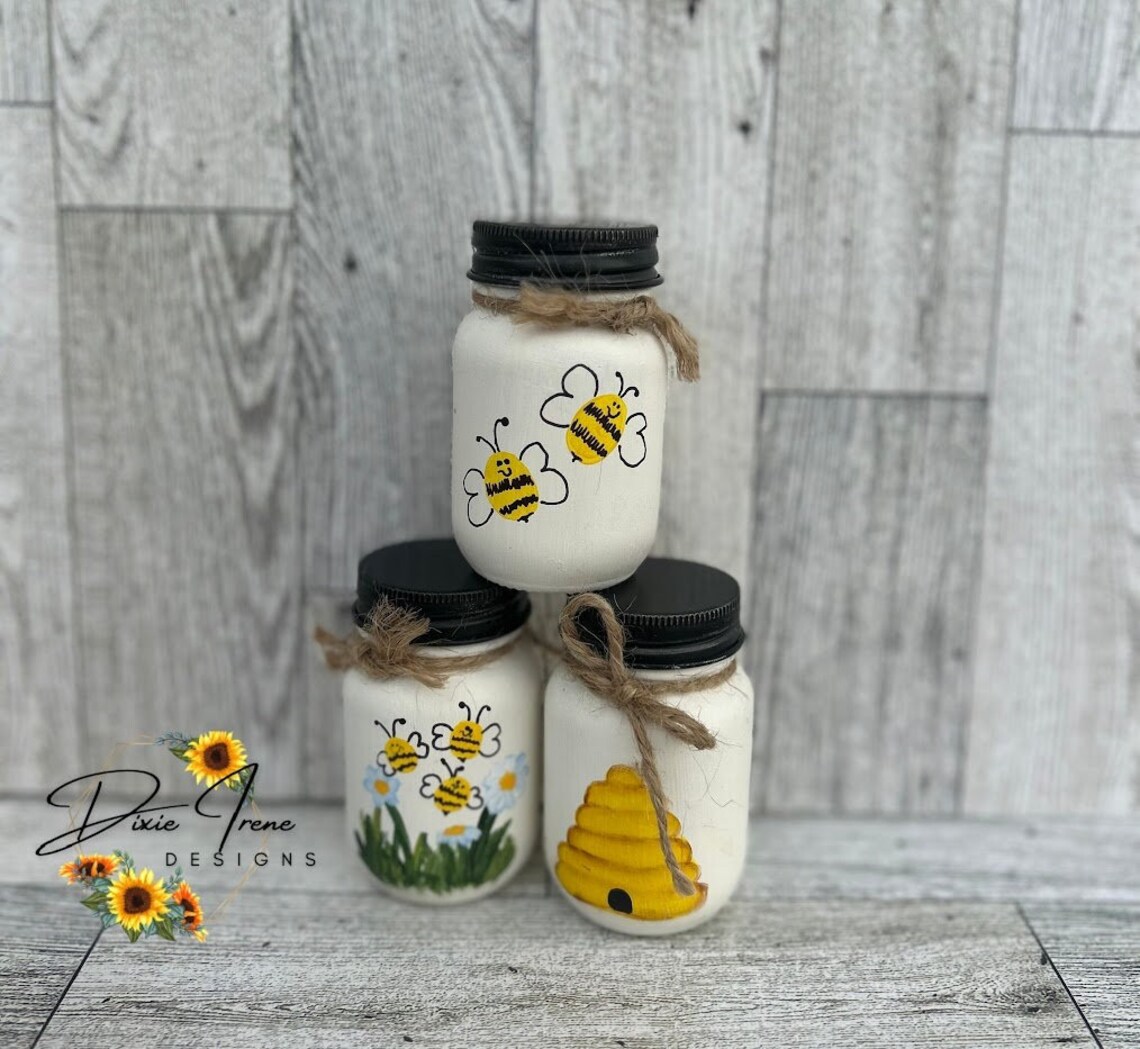 Set of Three Mini Bee Mason Jars, Bee Tiered Tray, Farmhouse Decor ...