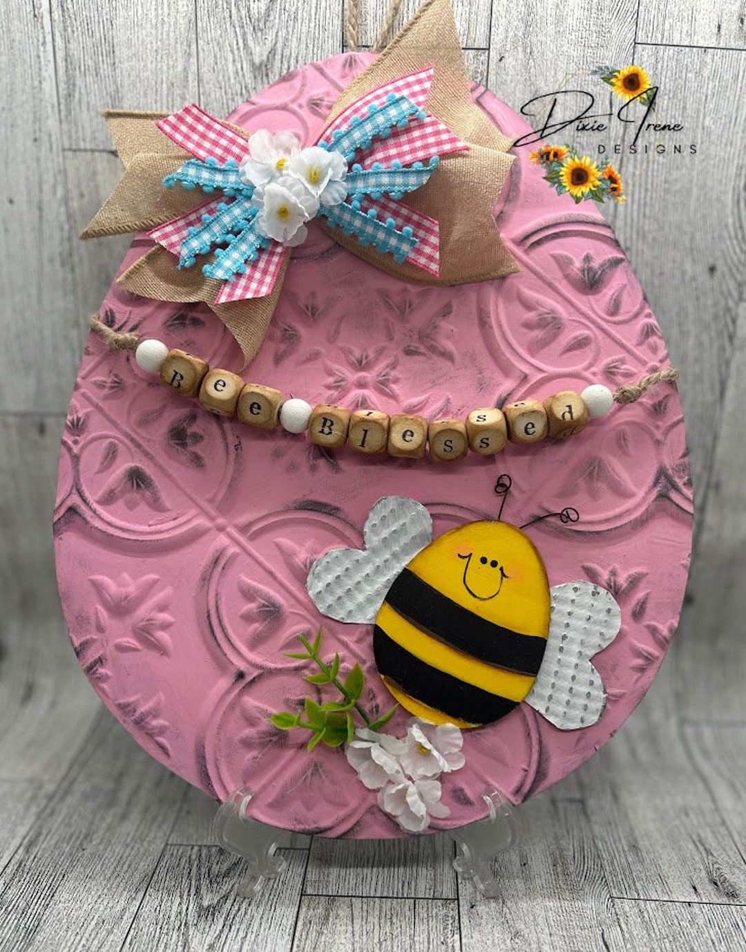 Faux Tin Tile Easter Egg, Bee Blessed, Bee Decor, Easter Decor, Pink ...