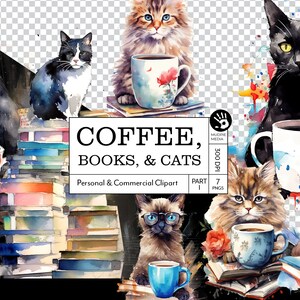 Watercolor Cat Clipart: Coffee Shop Cats, Book Lover PNG Downloads - Etsy