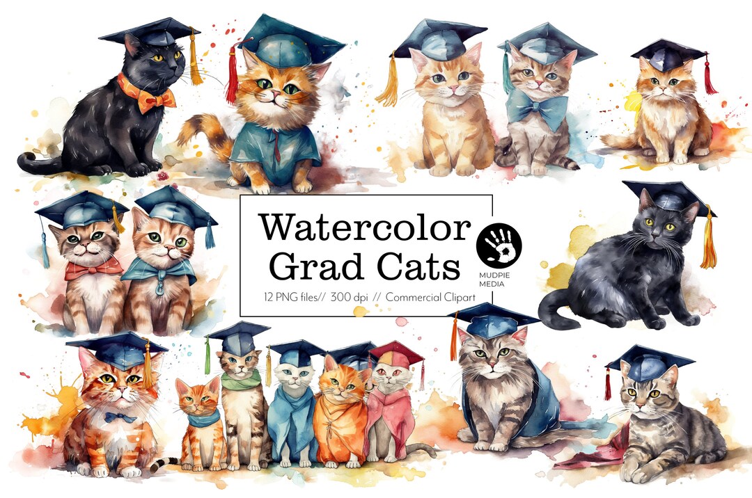 Watercolor Grad Cats Clipart - Cap and Gown Kitty Illustrations for ...