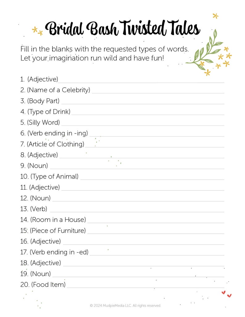 Bridal Bash Twisted Tales Party Game Madlib-type Fun Activity for ...