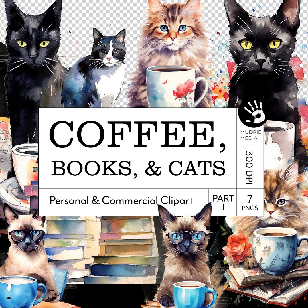 Watercolor Cat Clipart: Coffee Shop Cats, Book Lover PNG Downloads - Etsy