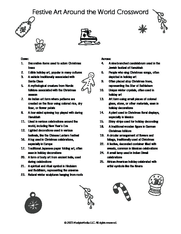Festive Art Around the World Crossword Puzzle Worksheet - Instant ...