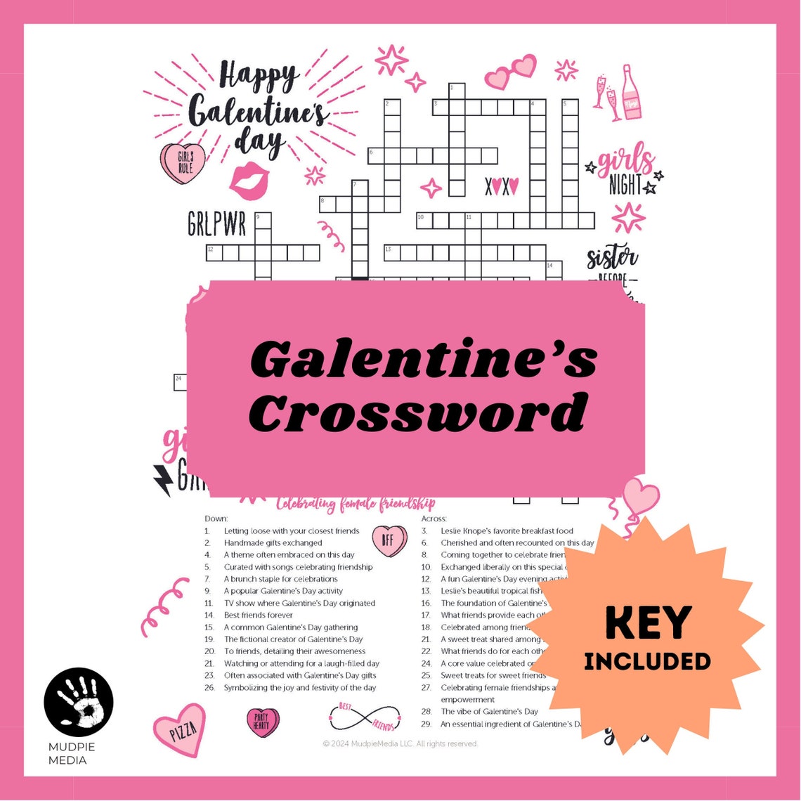 Galentine's Day Crossword Puzzle, Girls' Night Printable (instant ...