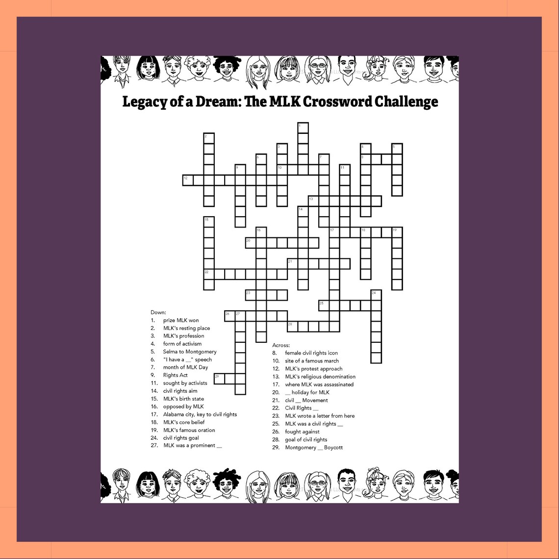 MLK Day Crossword Puzzle Educational Activity for Students and Teachers ...