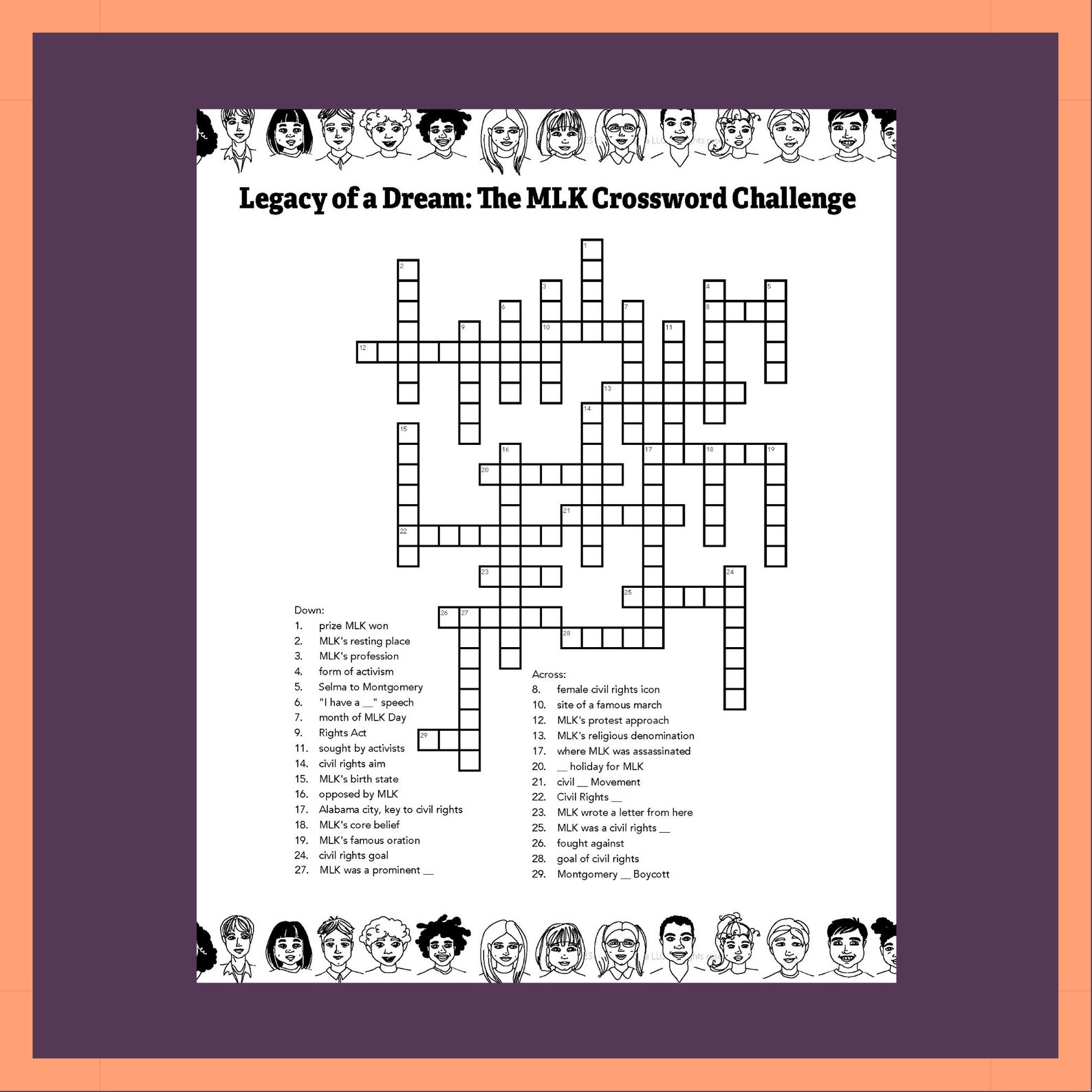 MLK Day Crossword Puzzle, Civil Rights Educational Activity (printable ...