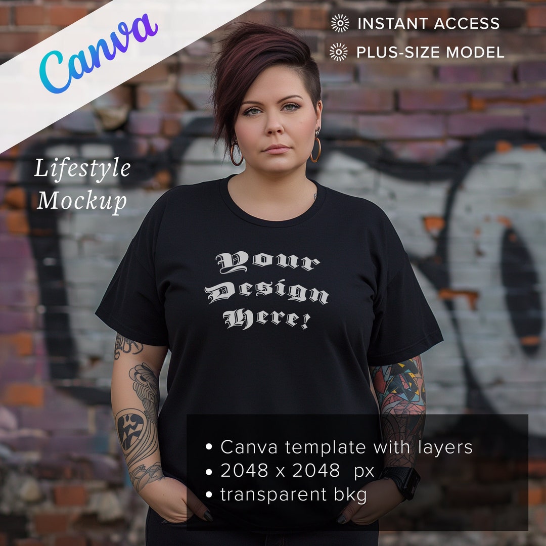 Goth Woman Black T-shirt Mockup Canva Template With Layers and ...
