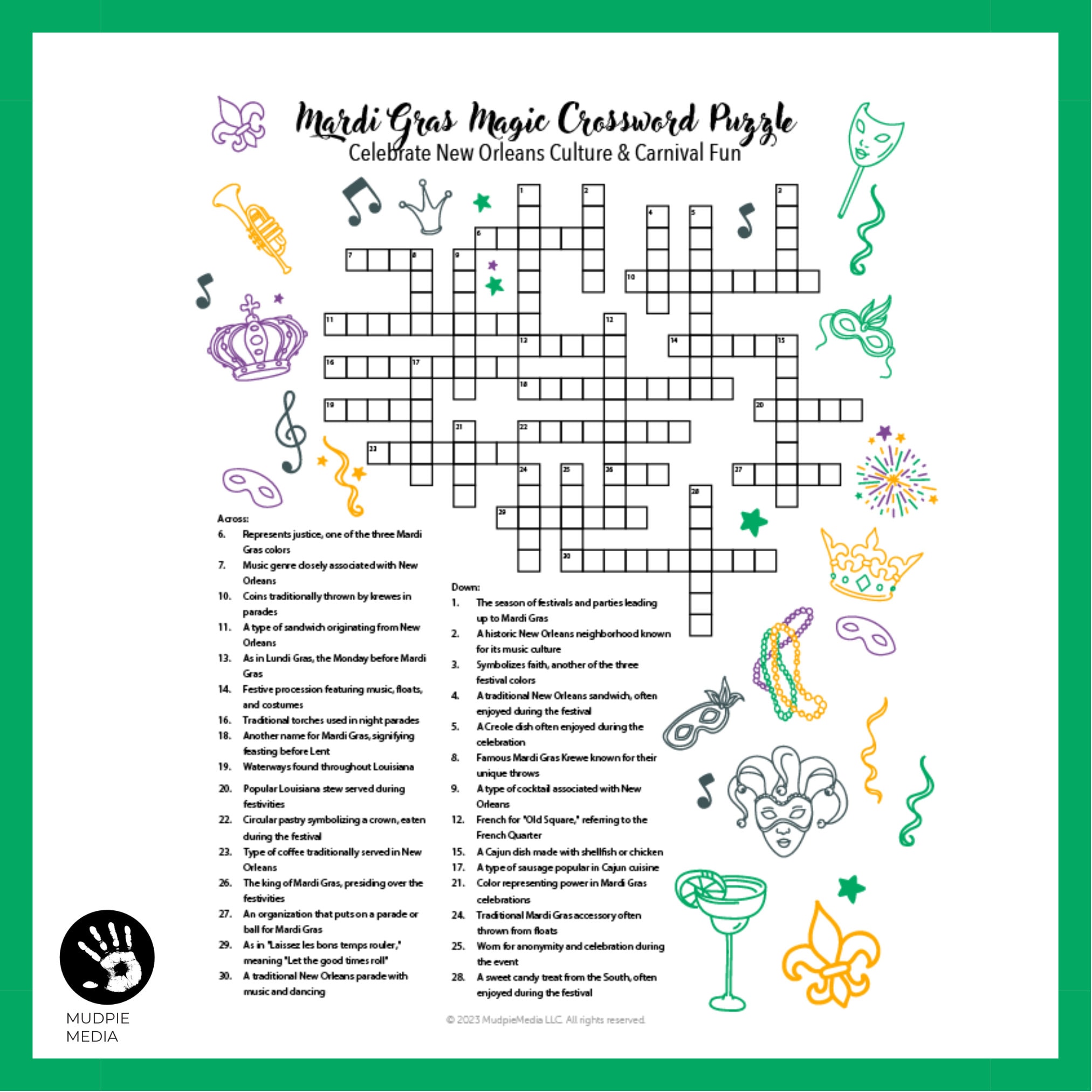 Mardi Gras Crossword Puzzle: New Orleans Culture, Carnival Fun (digital ...