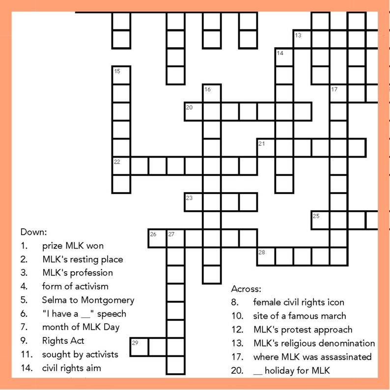 MLK Day Crossword Puzzle Educational Activity for Students and Teachers ...