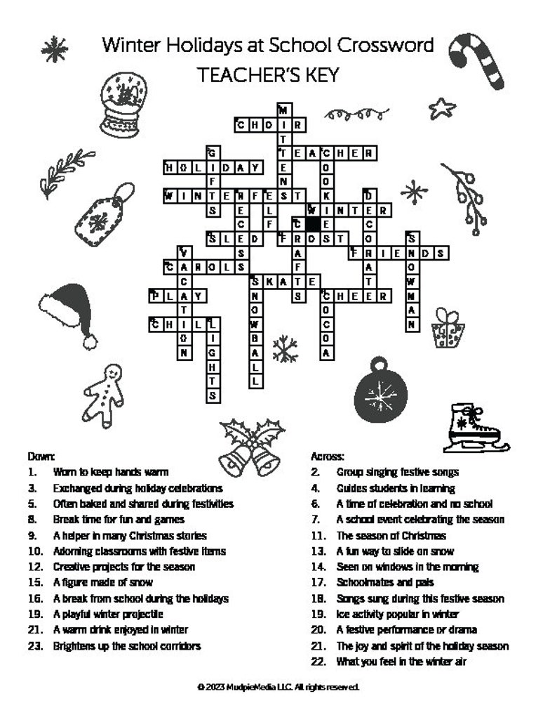 Winter Holidays at School Crossword Puzzle Worksheet - Printables - Etsy