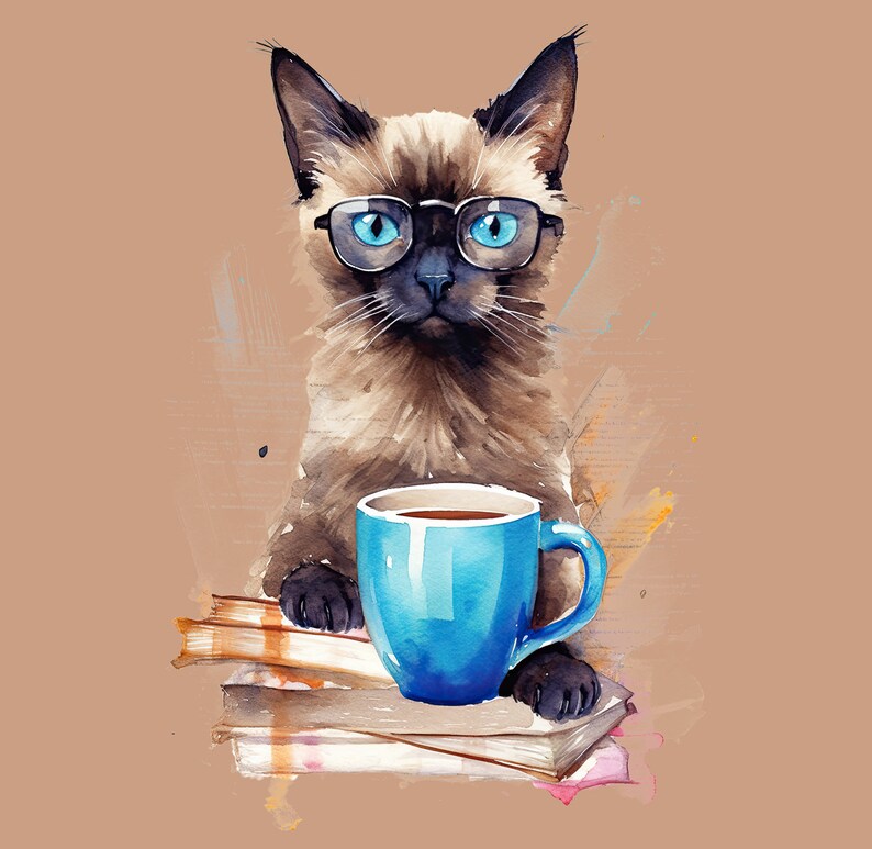 Watercolor Cat Clipart: Coffee Shop Cats, Book Lover PNG Downloads - Etsy