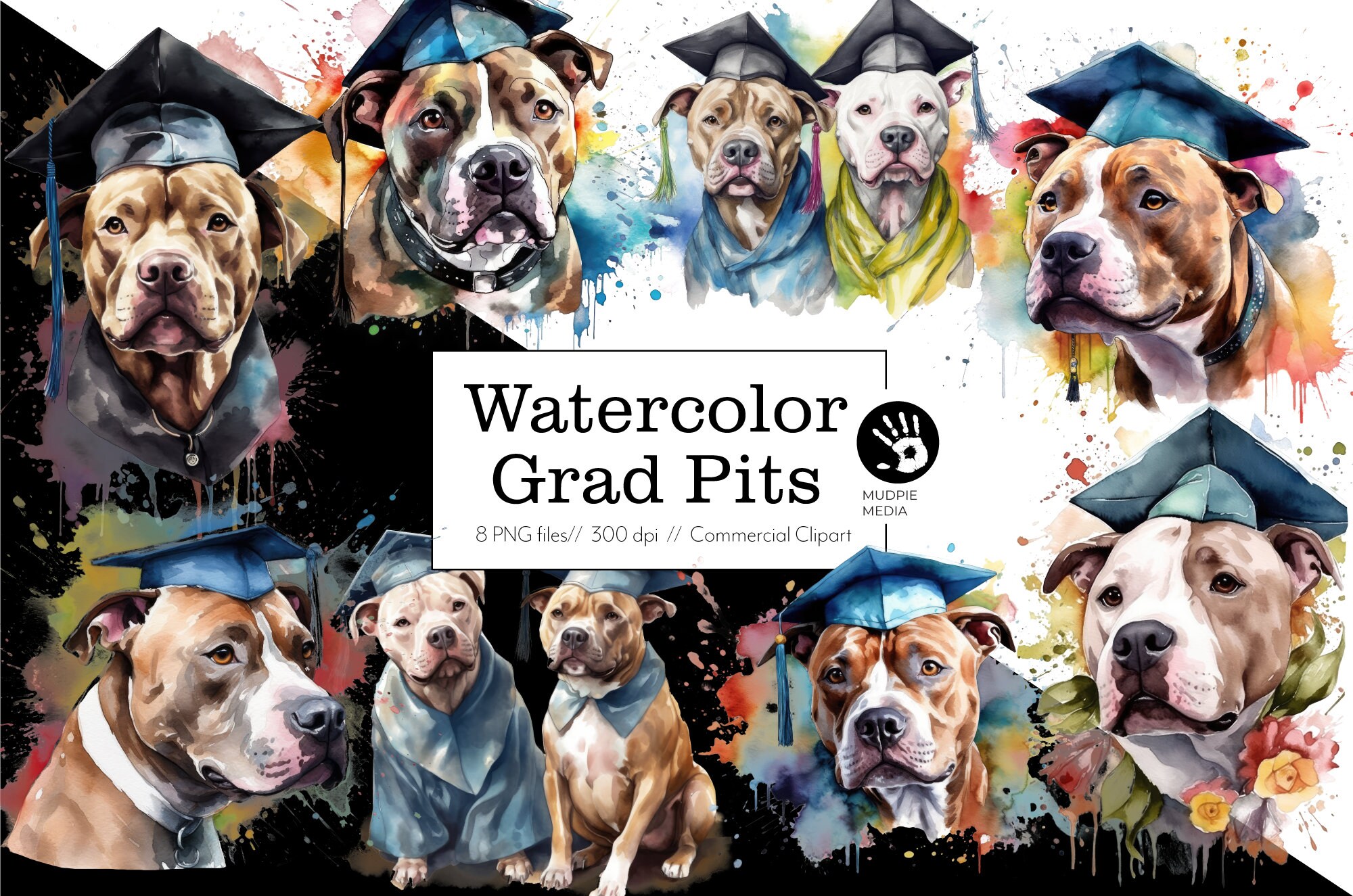 Watercolor Graduation Pit Bulls Clipart Cap Gown Pibble Illustrations ...