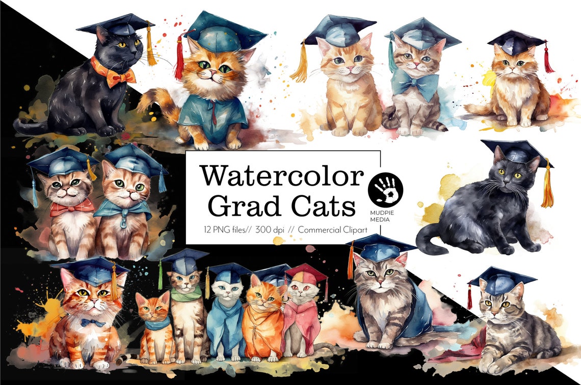Watercolor Grad Cats Clipart - Cap and Gown Kitty Illustrations for ...