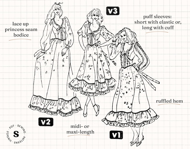 Sewing Pattern PDF Vintage – 70s Cottage Cafe Dress With Ribbons and ...