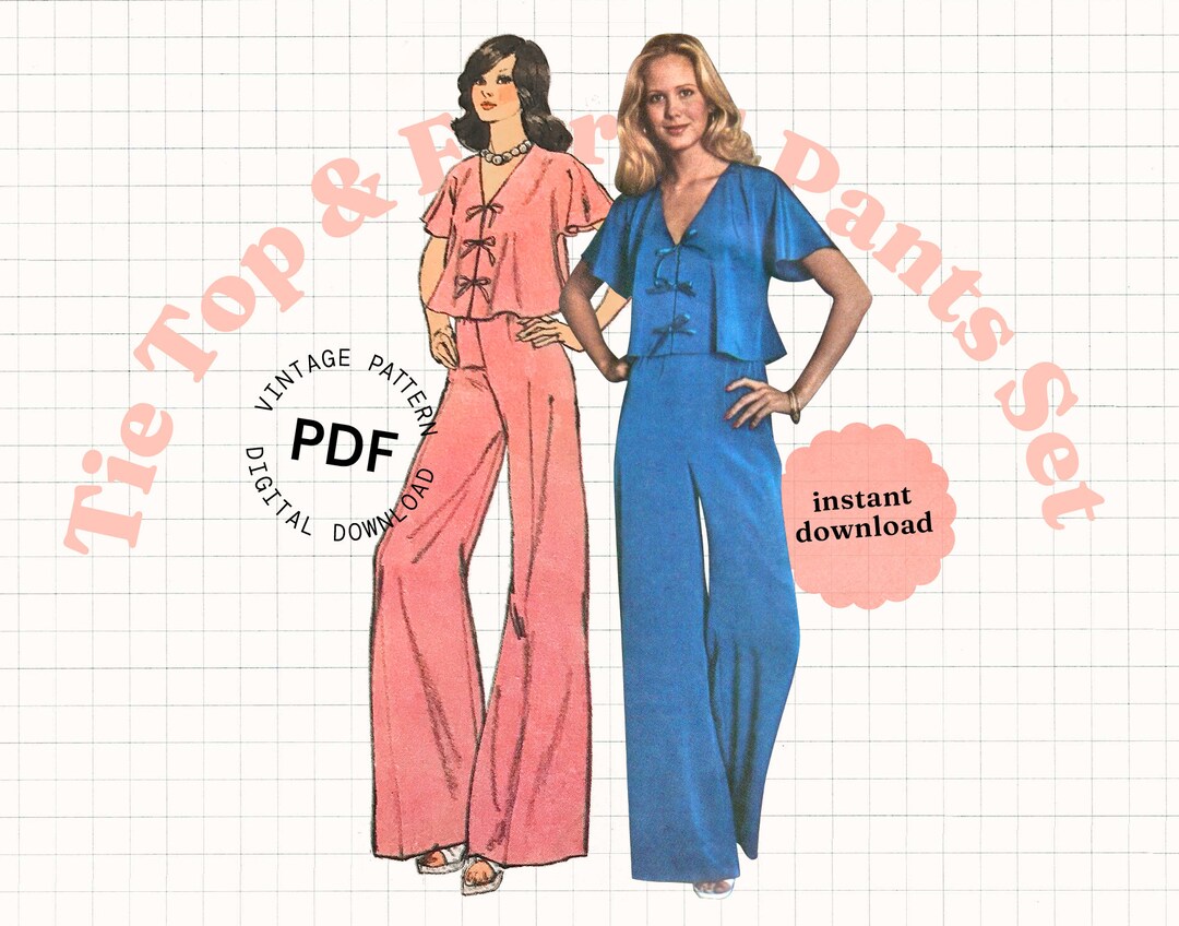 PDF Vintage Sewing Pattern, 70s Matching Set, Tie Top With Flared Pants ...