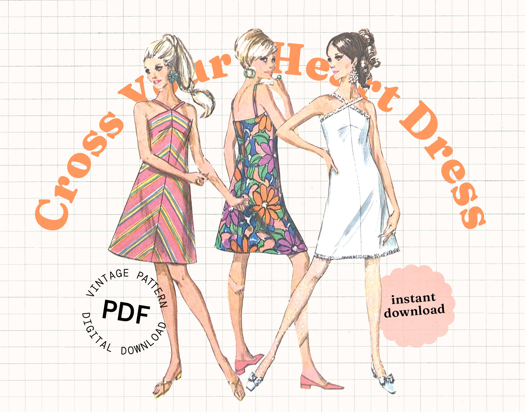 Vintage Sewing Pattern PDF, 60s Halter Dress, 70s Dress Pattern, Summer ...