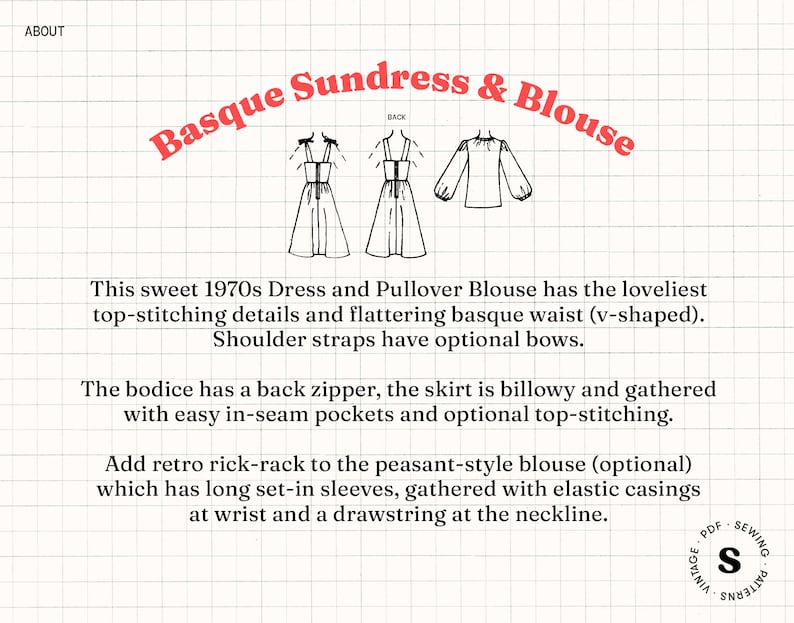 Sewing Pattern PDF Vintage – 70s Dress, Basque V Waist, Sweetheart Neck ...
