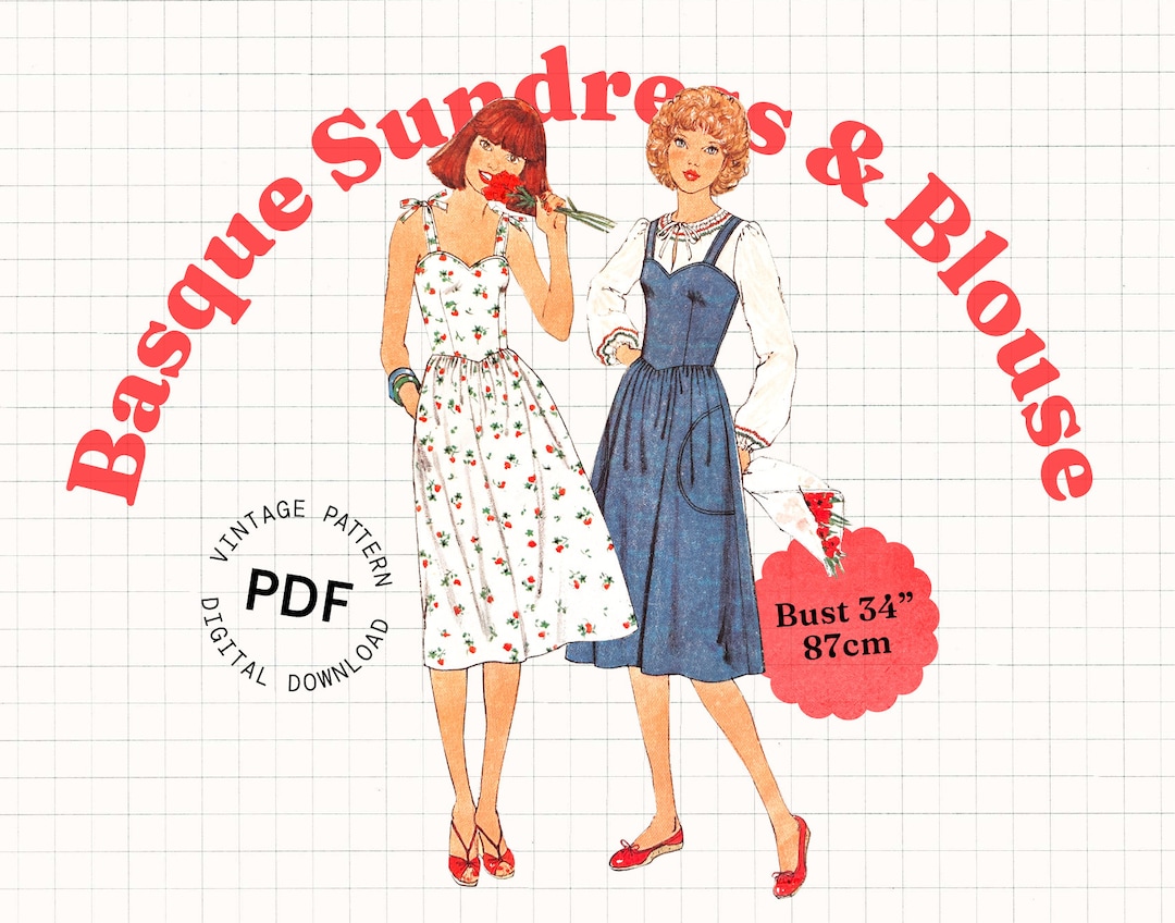 PDF Vintage Sewing Pattern 70s Sun Dress, Basque Waist, Sweetheart ...