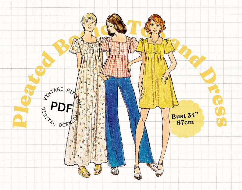 Sewing Pattern PDF Vintage – 70s Maxi Mini Dress Pattern, Pleated Dress ...