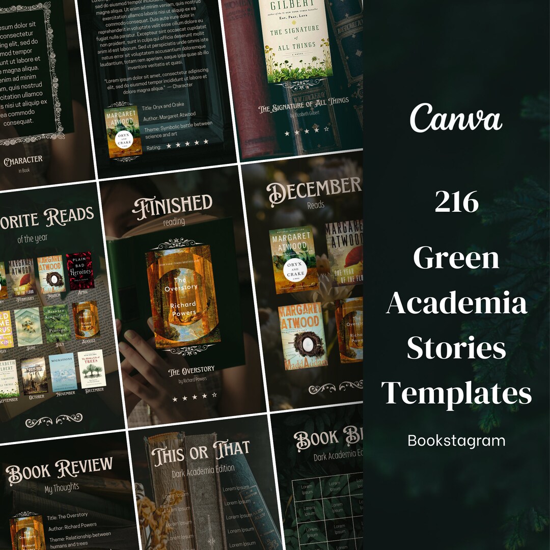 216 Bookish Instagram Story Template Canva - Dark Green Academia ...