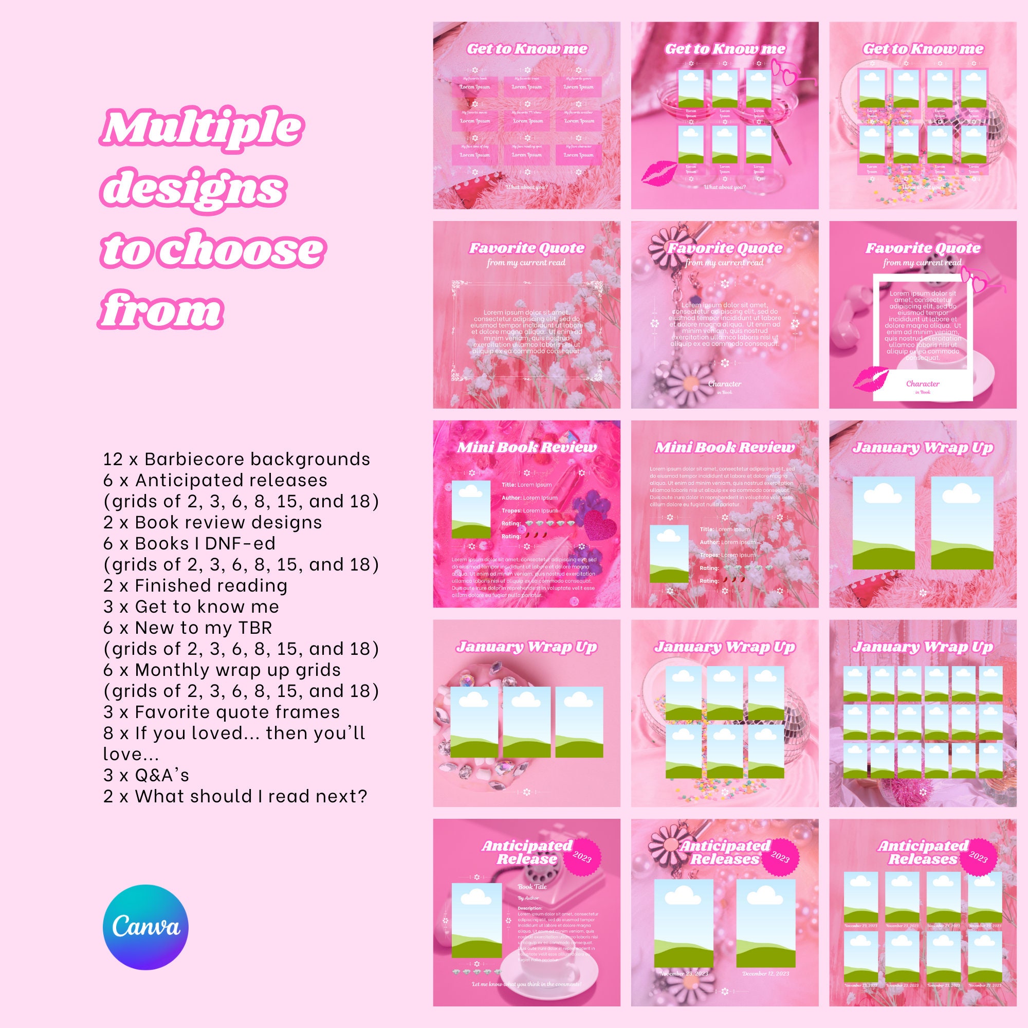 Bookstagram Posts Template Canva - Barbiecore | Bookish Template ...
