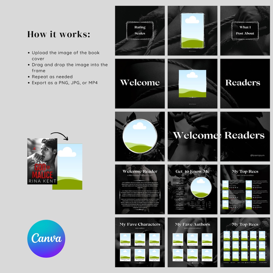 Bookstagram Pinned Posts Template Canva - Dark Romance | Bookish ...