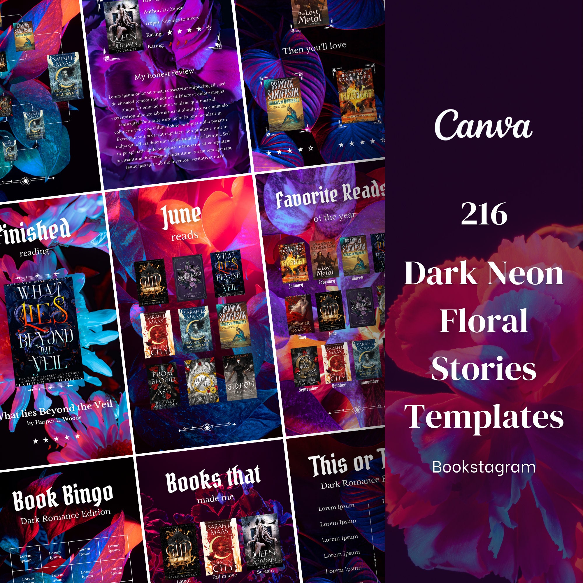 216 Bookstagram Template Canva Dark Neon Floral Design Instagram Story ...