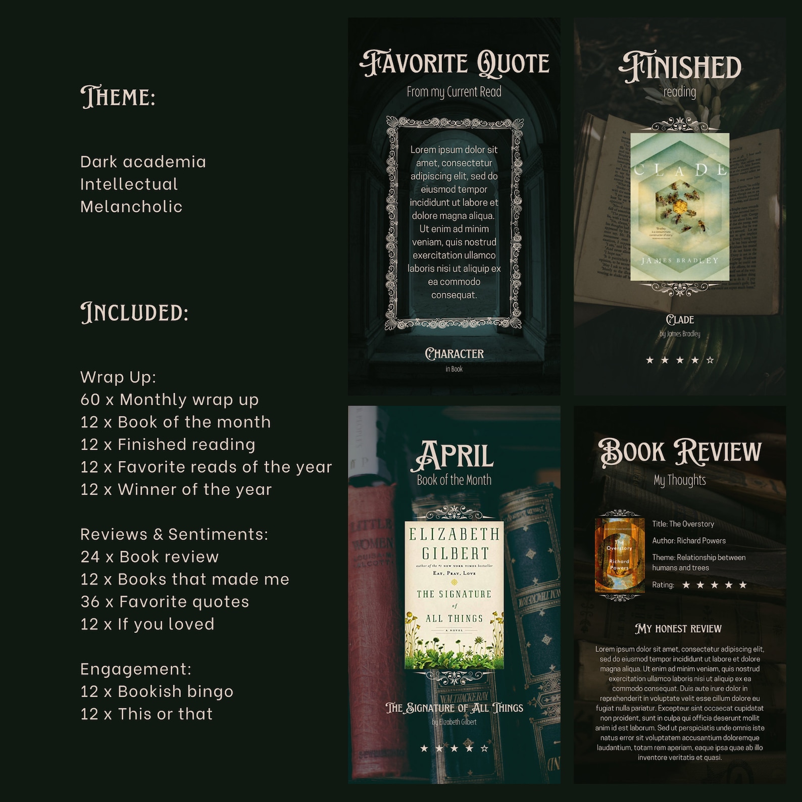 216 Bookish Instagram Story Template Canva - Dark Green Academia ...