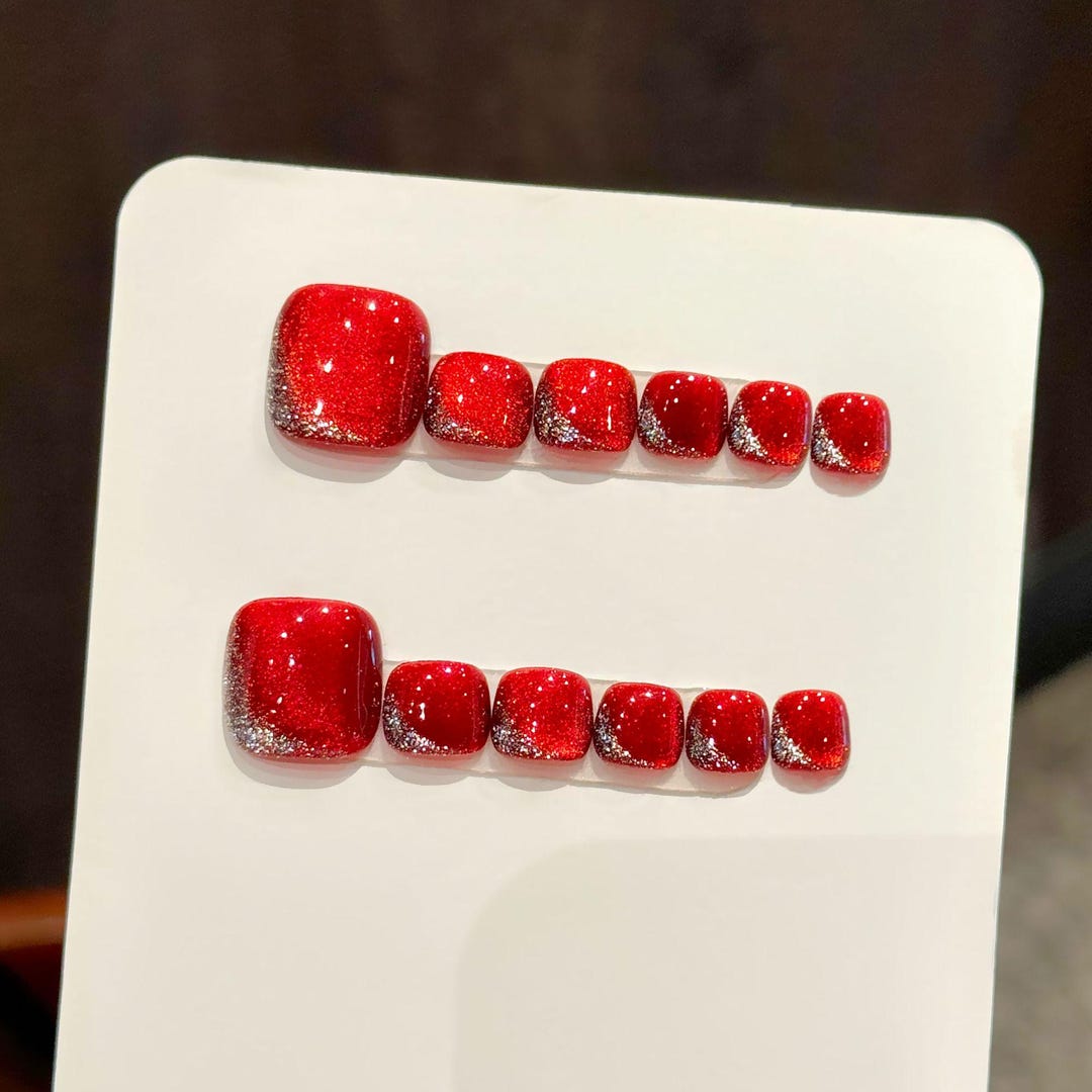Red Cat Eye Toenails Handmade Short Toe Nail Press on Glitter Nails - Etsy