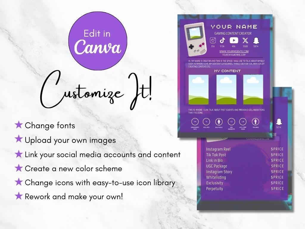 Gamer Media Kit & Rate Card Bundle, Twitch Streamer Youtuber Tech Canva ...