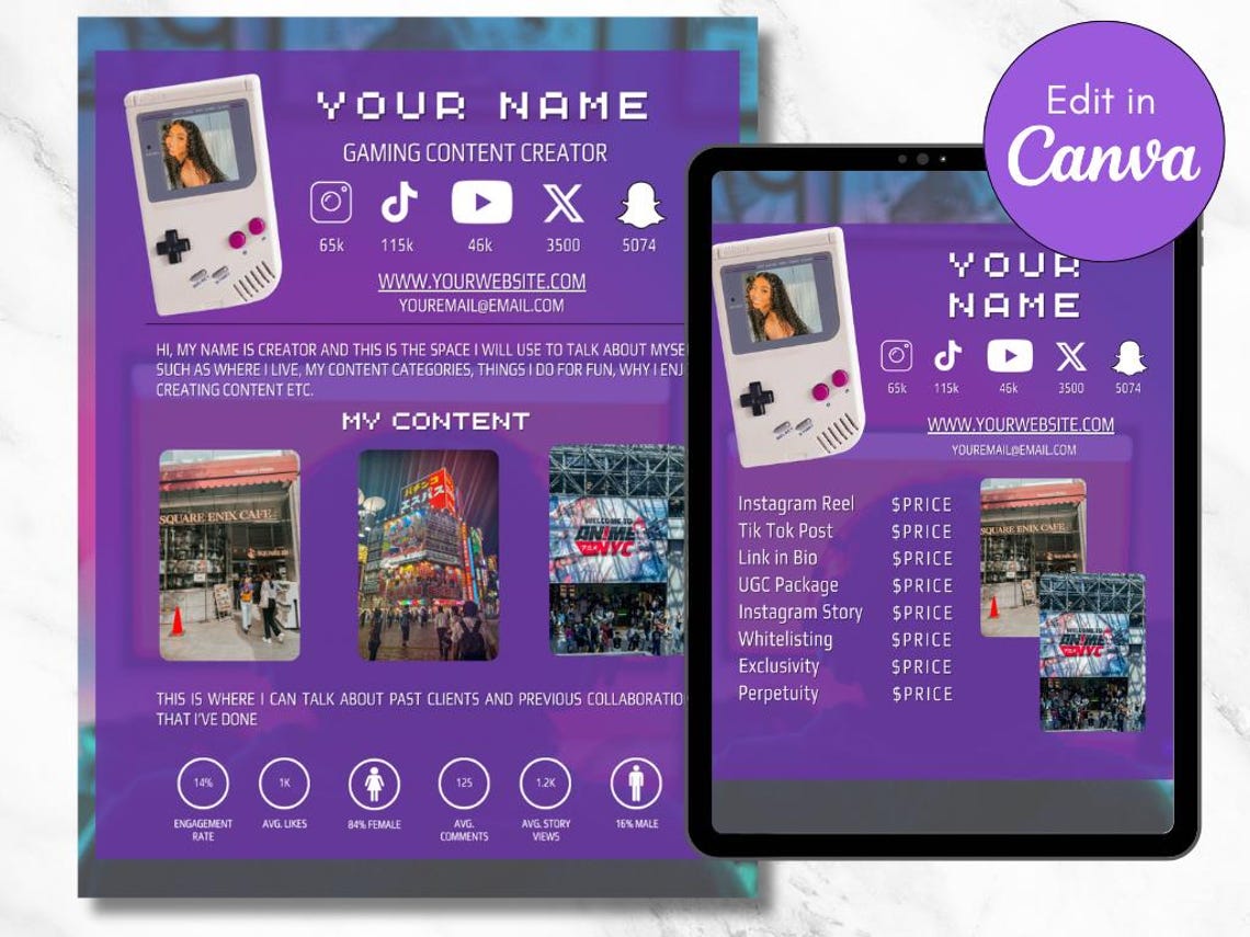 Gamer Media Kit & Rate Card Bundle, Twitch Streamer Youtuber Tech Canva ...
