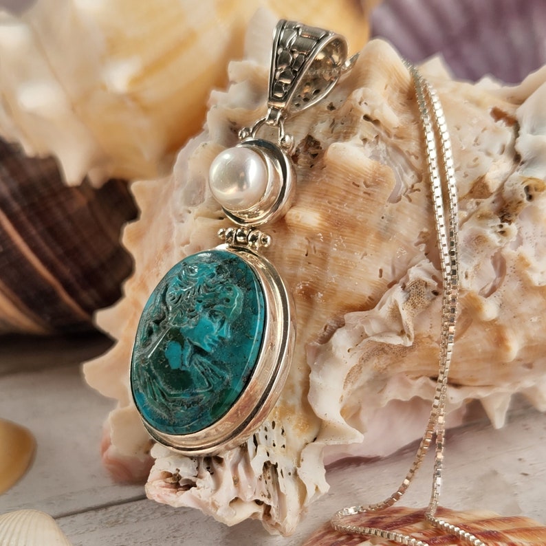 Turquoise Cameo Necklace Freshwater Pearl Jewelry Mermaid Necklace ...